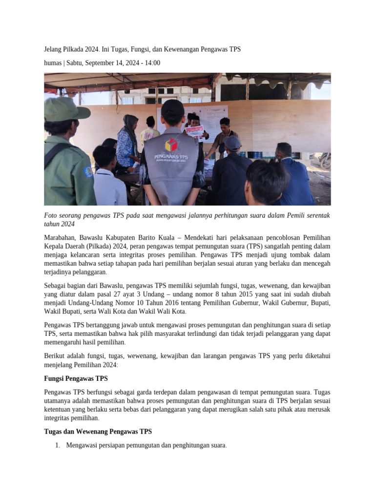 TUGAS PENGAWAS TPS Di PILKADA 2024 | PDF