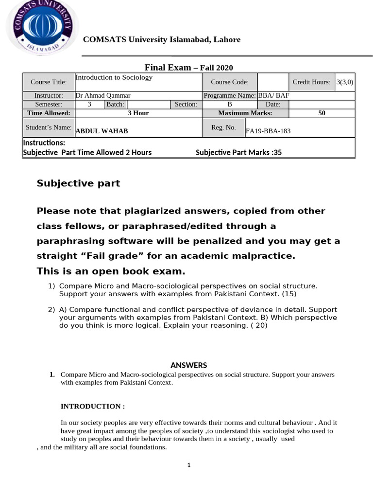 Sociology BBA Final Subjective Fall 2020-1 | PDF | Liberal Arts Education | Behavioural Sciences