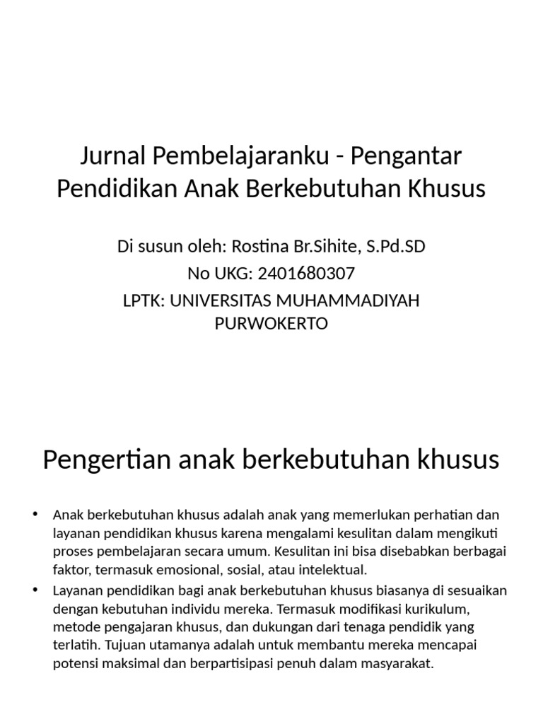 Jurnal Pembelajaranku - Pengantar Pendidikan Anak Berkebutuhan Khusus ROSTINA | PDF