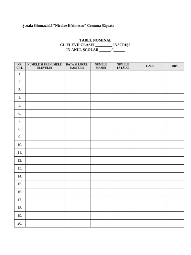 4 Tabel Nominal Inscriere Elevi | PDF