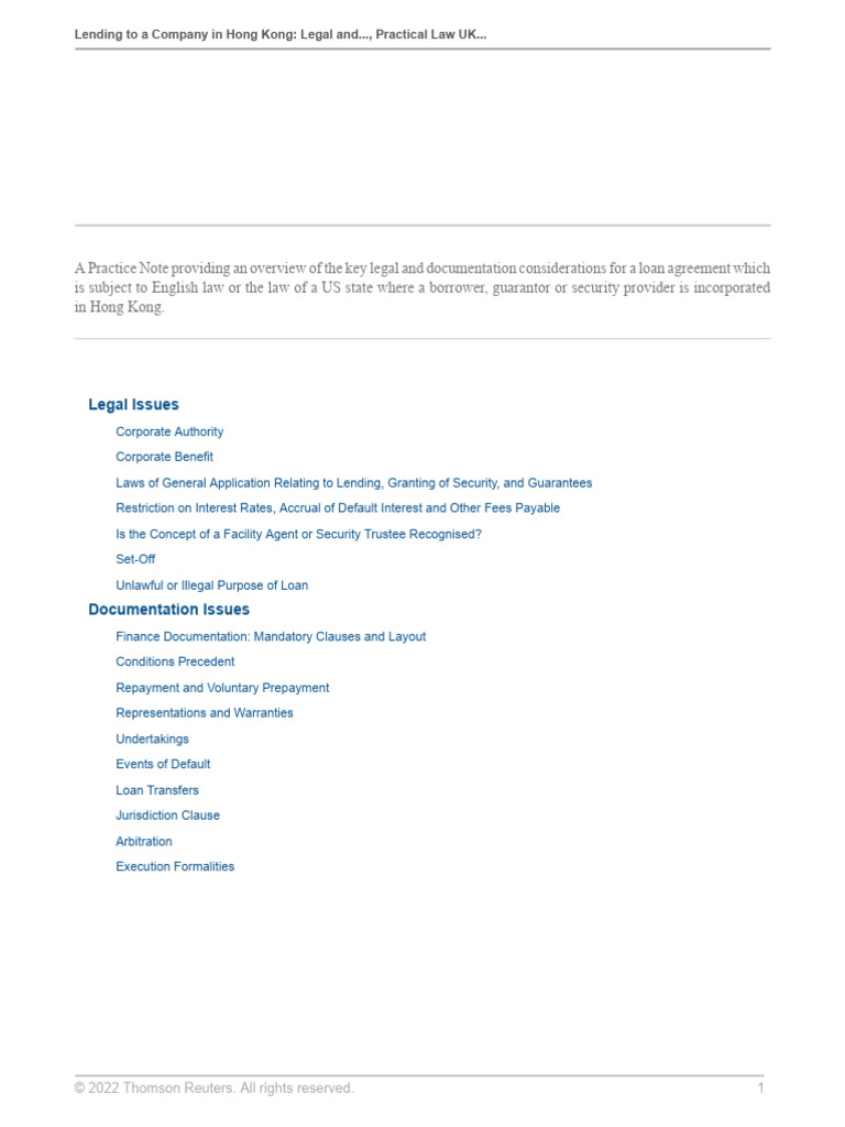 Lending To A Company in Hong Kong Legal and Documentation | PDF