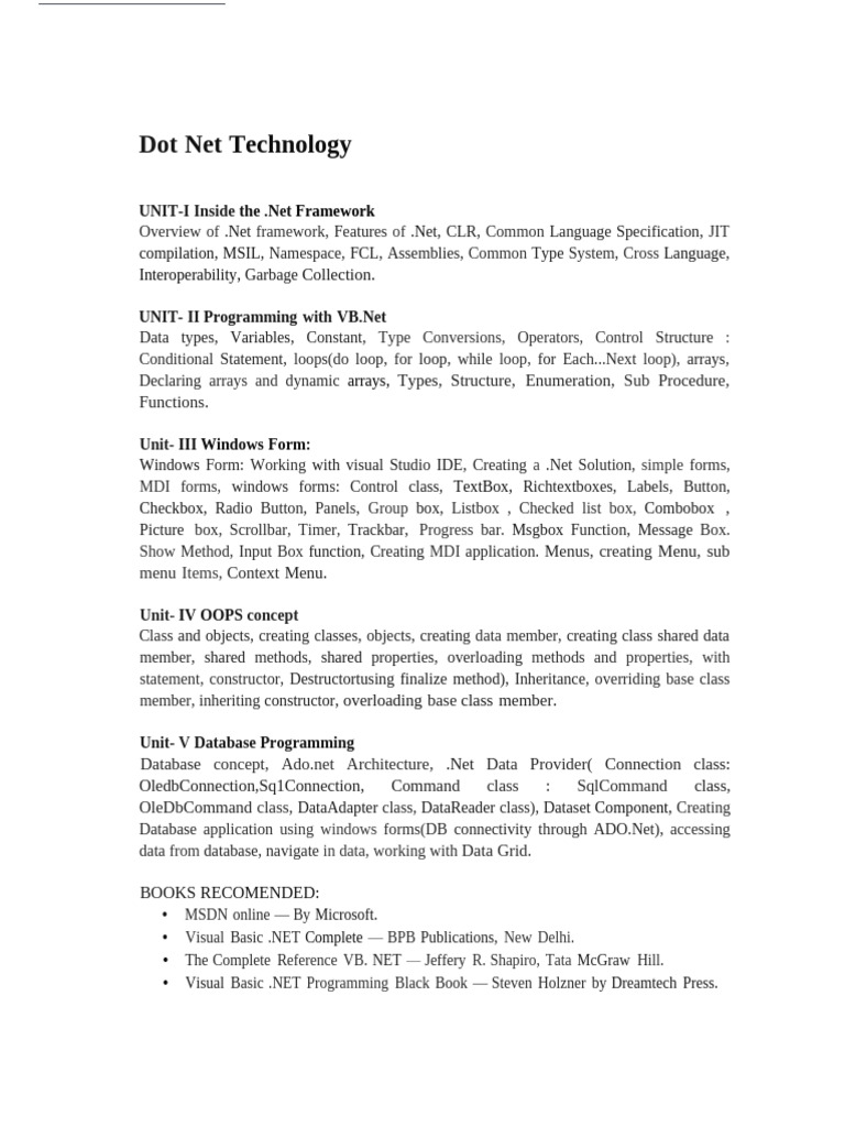 Dot Net Technology Syllabus | PDF