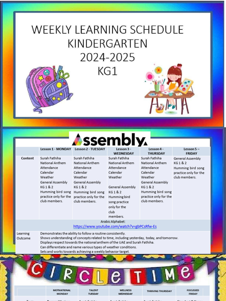 WEEKLY LEARNING SCHEDULE - OCTORBER KG1 1st Week 2024 | PDF