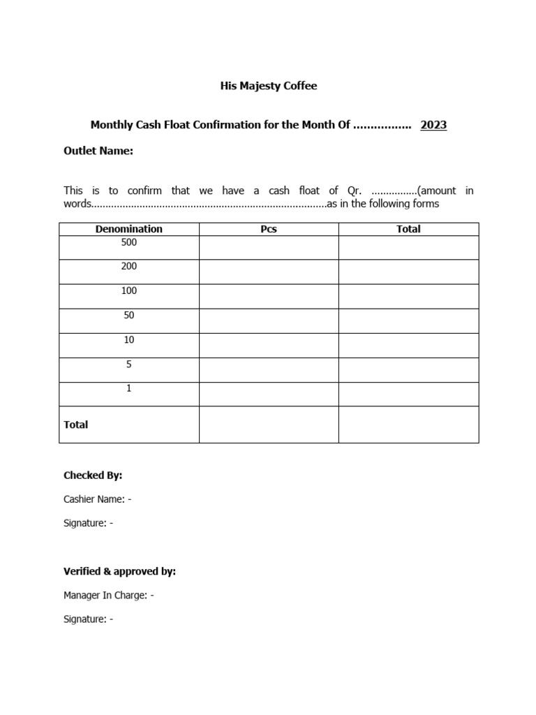 Monthly Cash Float Confirmation | PDF