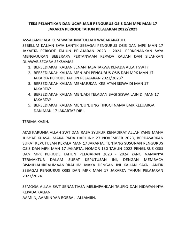 Teks Pelantikan Dan Ucap Janji Osis MPK Man 17 Jakarta | PDF