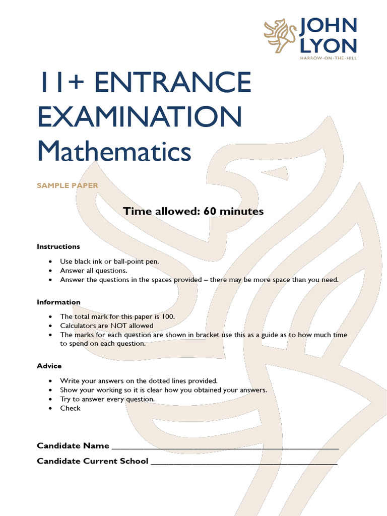 11 Plus Mathemtics Sample Paper | PDF