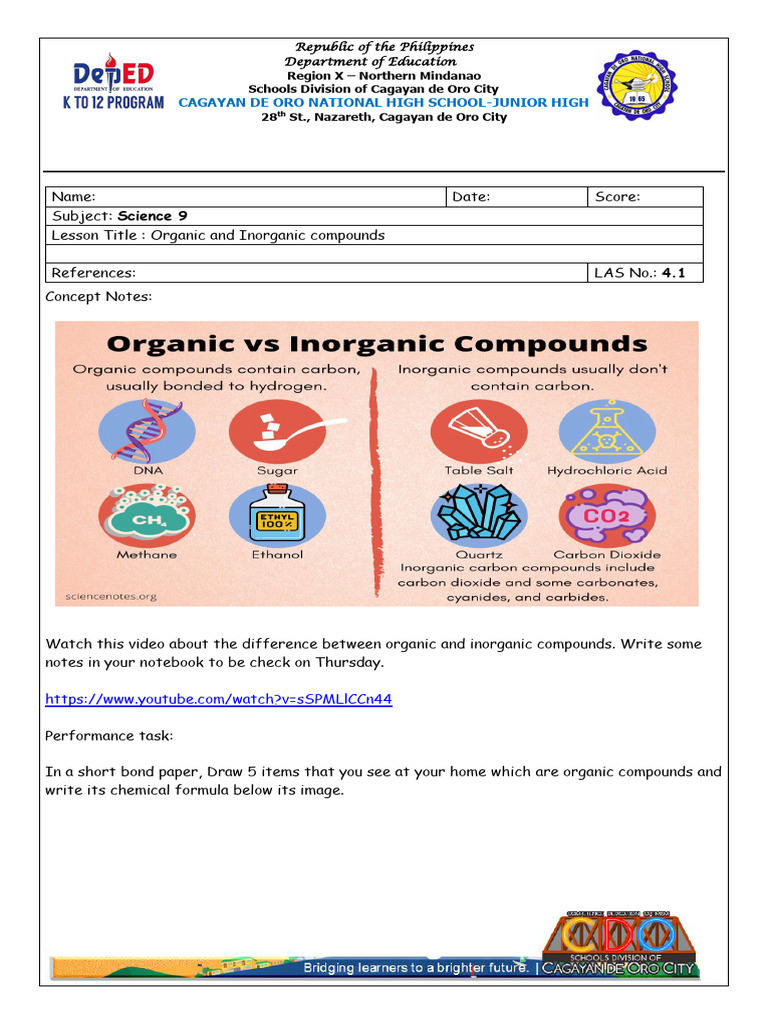 LAS 4.1 Organic Compounds vs. Inorganic Compounds | PDF | Organic ...