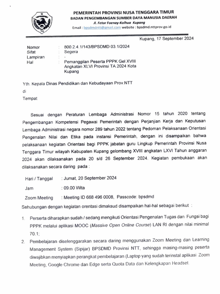 Pemanggilan Peserta Orientasi PPPK Gel XVIII Prov NTT | PDF