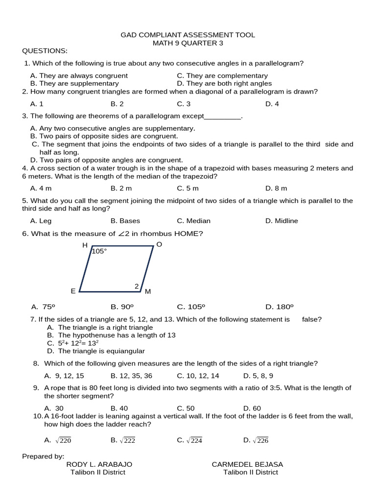 Math 9 Quarter 3 Assessment Tool | PDF | Triangle | Euclidean Geometry