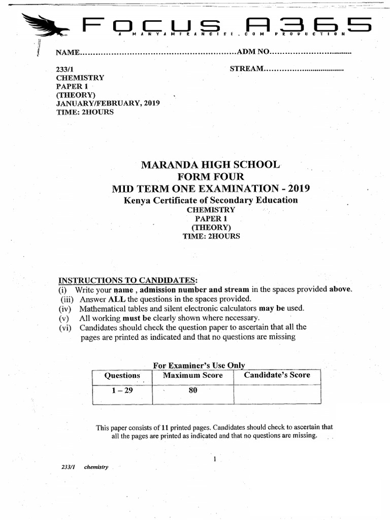 Chemistry Mid Term Exam Paper 1 | PDF