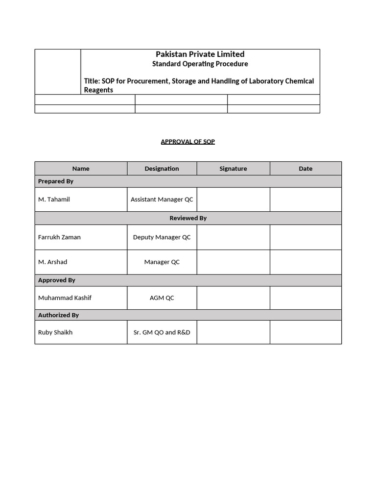 QCS-033 SOP For Procurement Storage and Handling of Laboratory Chemical ...