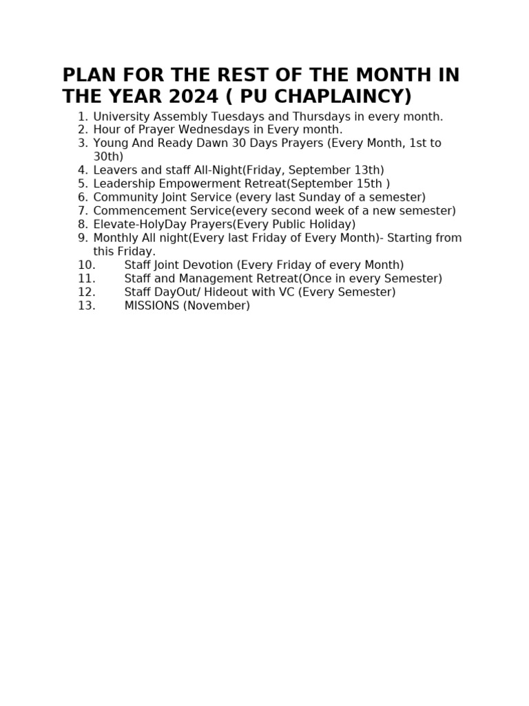 Plan For The Rest of The Year J Chaplaincy | PDF