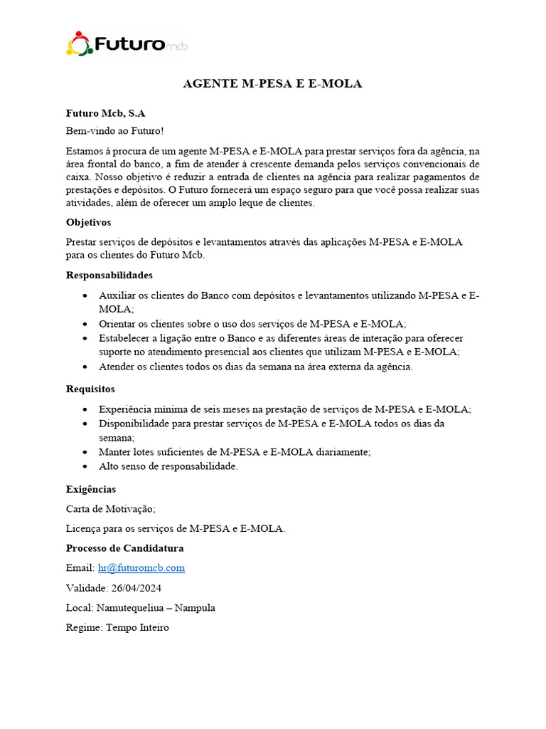 Vaga de Agente M-Pesa e E-Mola | PDF