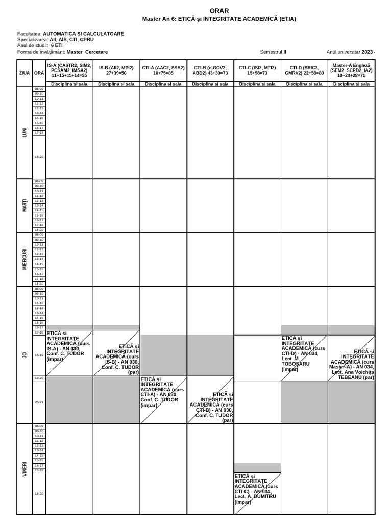 Orar 6 Master Etica | PDF