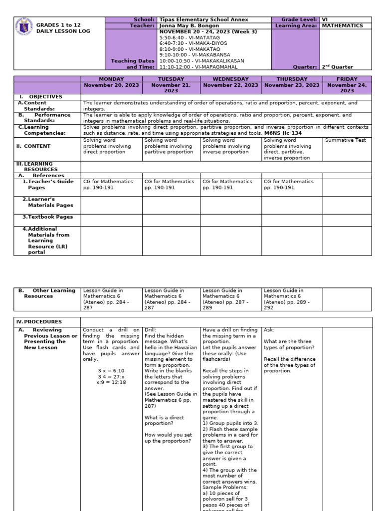 Grade 6 DLL MATH 6 Q2 Week 3 | PDF