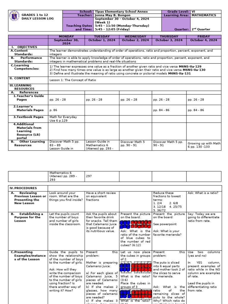 Grade 6 DLL MATH 6 Q2 Week 1 | PDF