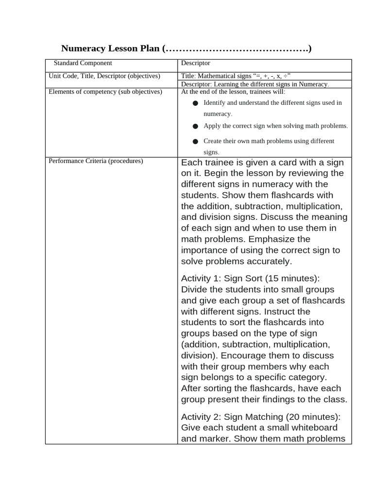 Numeracy Lesson Plan ( .) | PDF