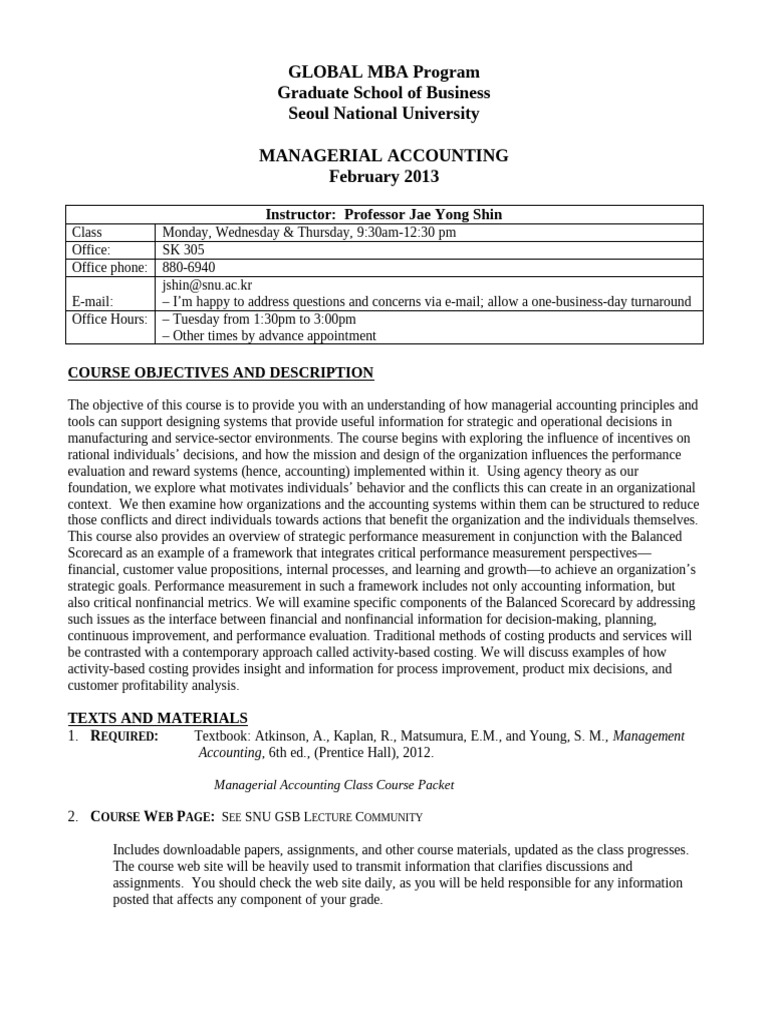 Managerial Accounting - Syllabus - GMBA | PDF