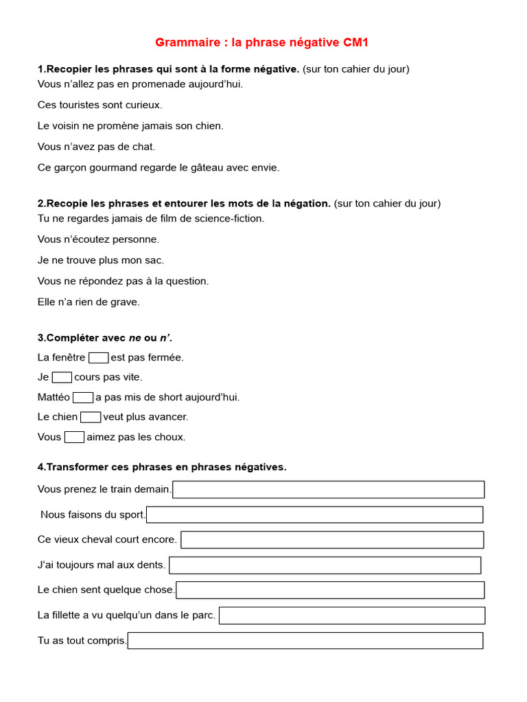 Ex Négation CM1 | PDF