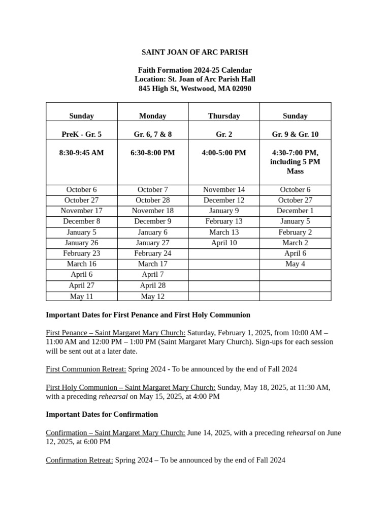 Faith Formation Dates 2024-25 | PDF