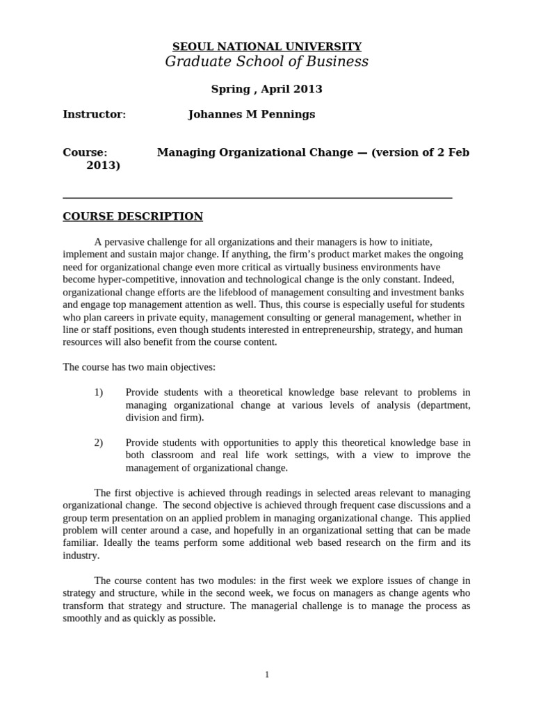 Managing Changes - Syllabus - GMBA | PDF