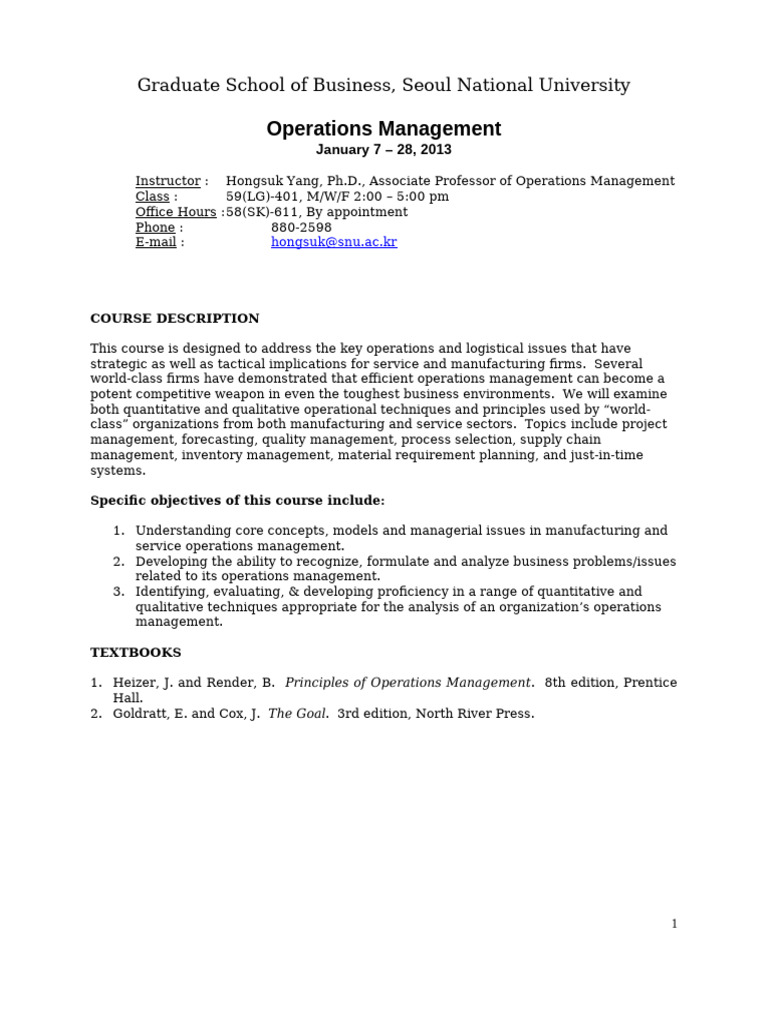 Operations Management - Syllabus - GMBA | PDF