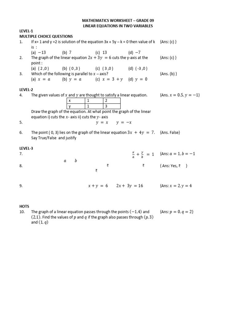 Level Wise Worksheet LE IN 2 VAR | PDF
