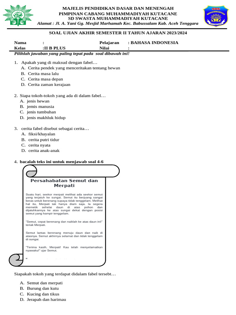 FORMAT SOAL UAS B. Indo 2b | PDF