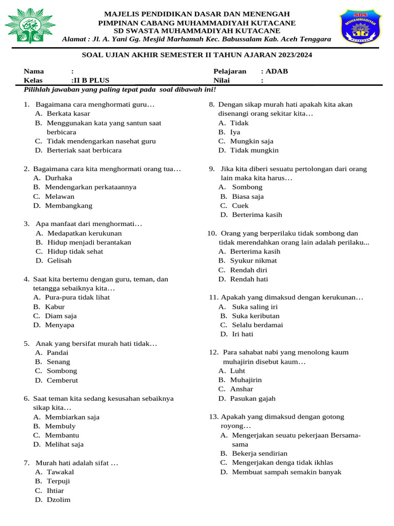 FORMAT SOAL UAS Adan 2b | PDF