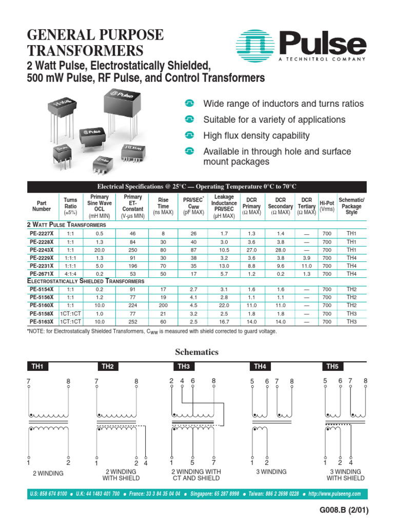 General Purpose Transformers: 2 Watt Pulse, Electrostatically Shielded, 500 MW Pulse, RF Pulse ...
