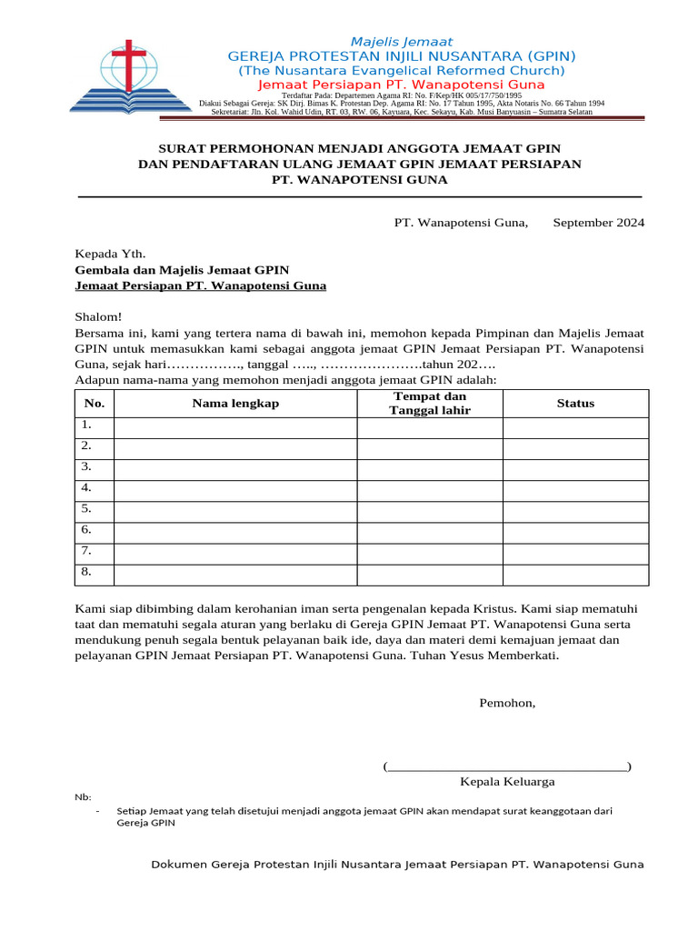 Surat Permohonan Menjadi Anggota Jemaat Gpin - 110308 | PDF