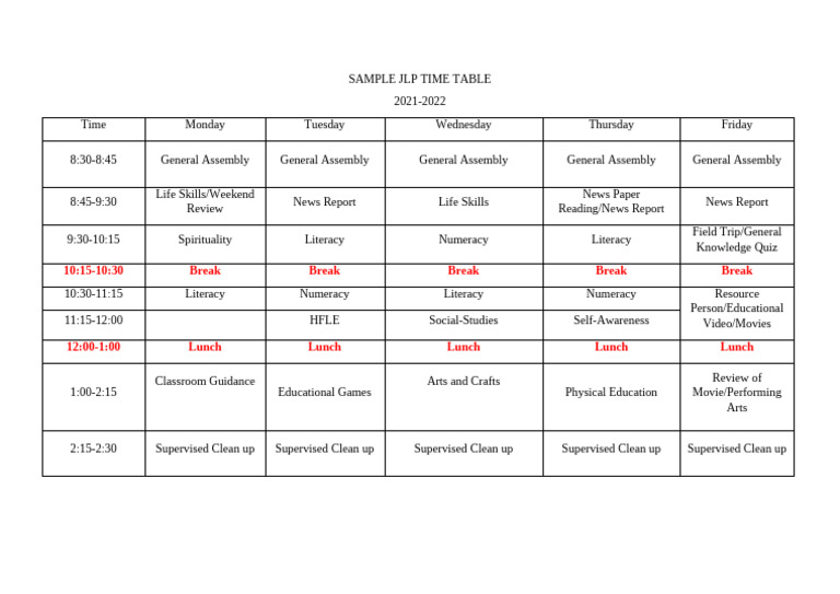 Sample Time Table JLP | PDF
