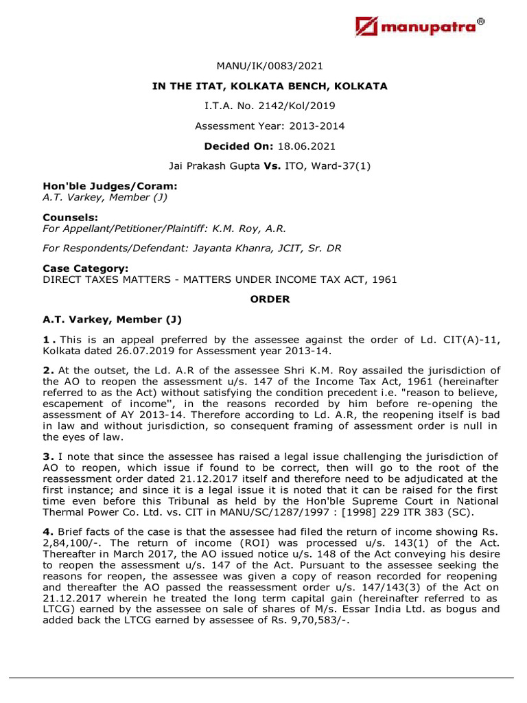 Jai Prakash Gupta Vs ITO Ward371 18062021 ITAT KoIK2021250621165608199COM401867 | PDF