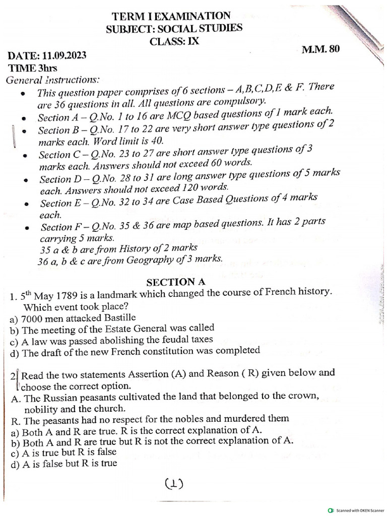 Term 1 Question Paper (Last Year 2023) | PDF