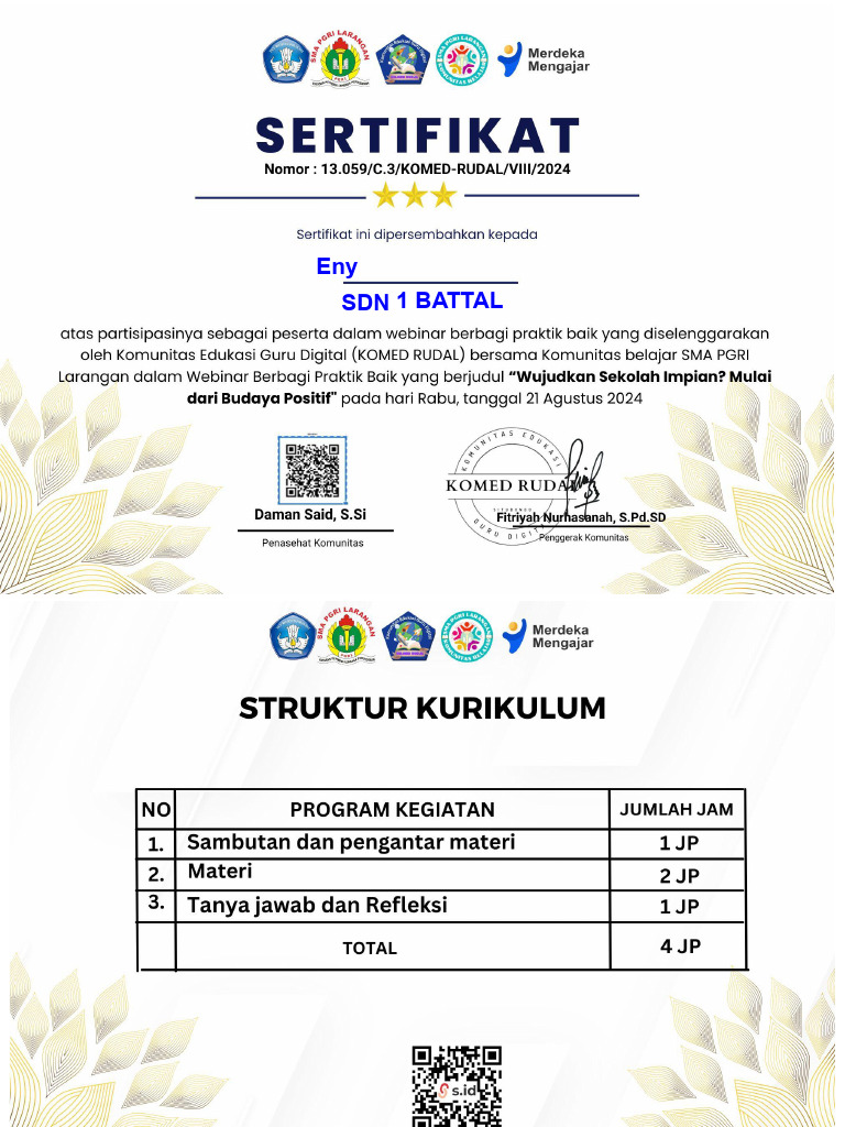 Eny Suryandari SPD Sertifikat 21 Agustus 2024 | PDF