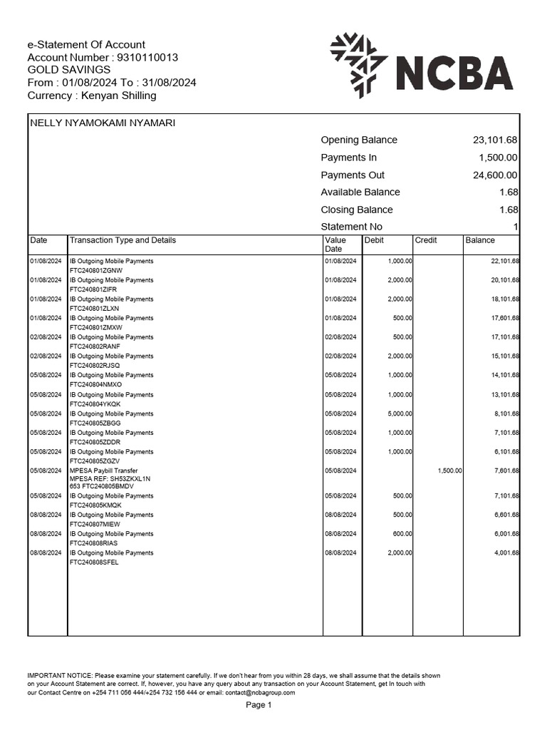 Ncba Statement | PDF | Payments | Debits And Credits