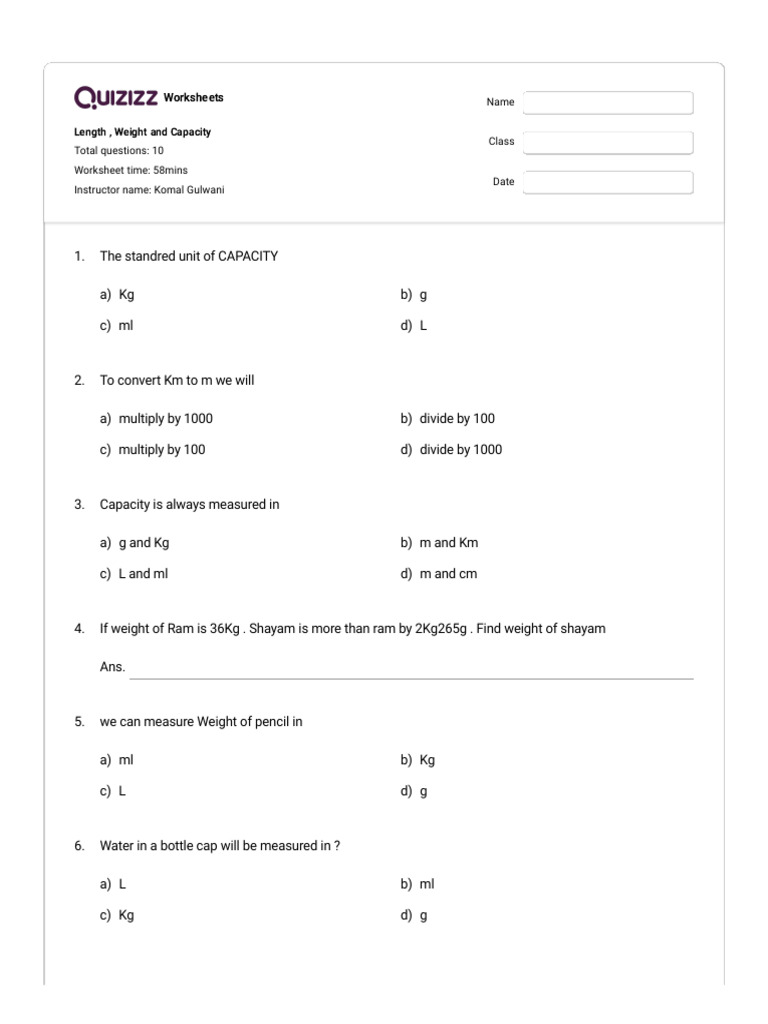 Length, Weight, and Capacity Worksheets | PDF
