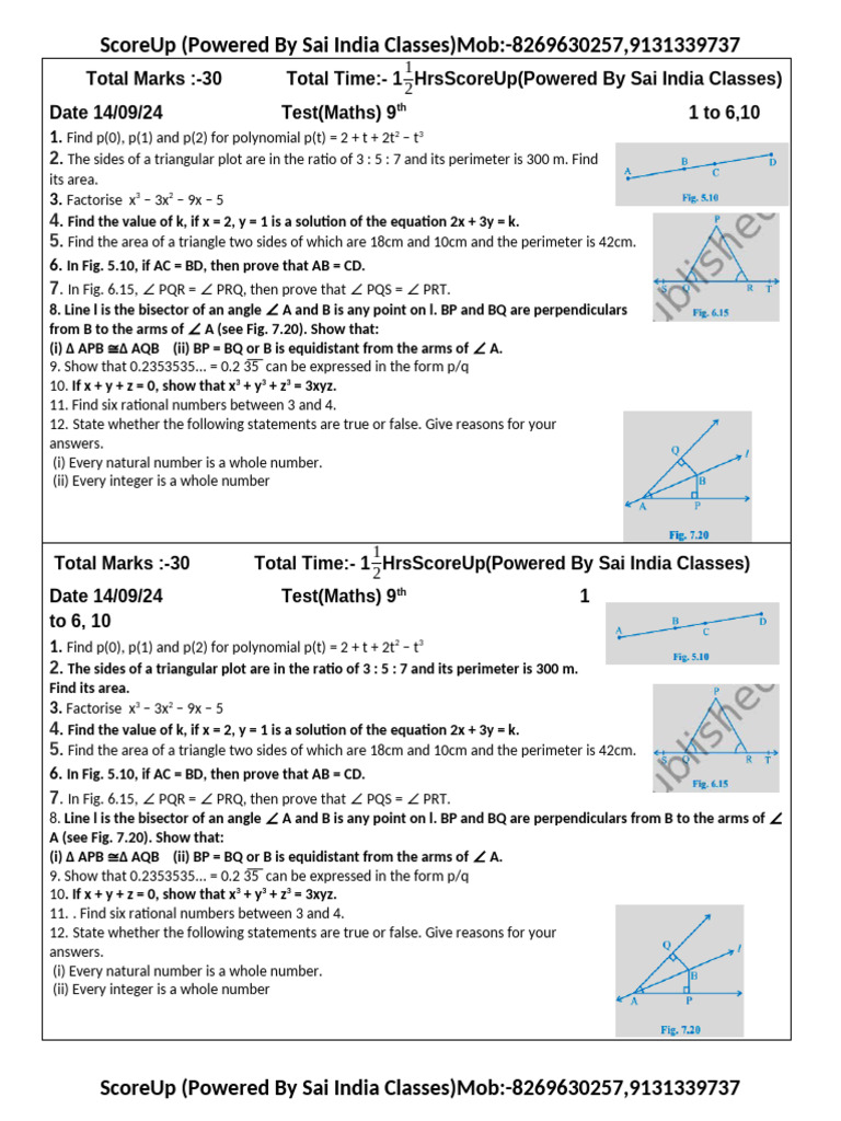 Class 9th Test Full - Maths APS 1 | PDF