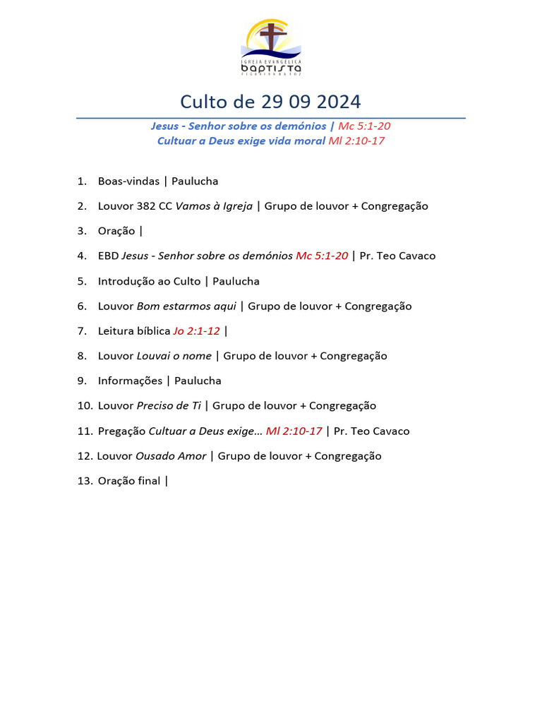 Ordem de Culto 2024 09 29 | PDF