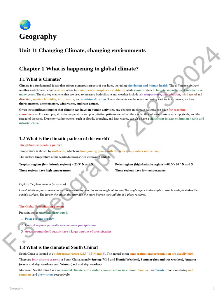 F.3 Geography Topic 11 Unit 1 - Watermark | PDF