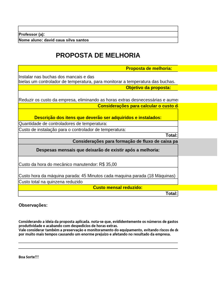 Proposta de Melhoria - Curso E.M | PDF