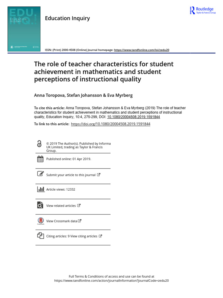 The Role of Teacher Characteristics For Student Achievement in Mathematics and Student ...