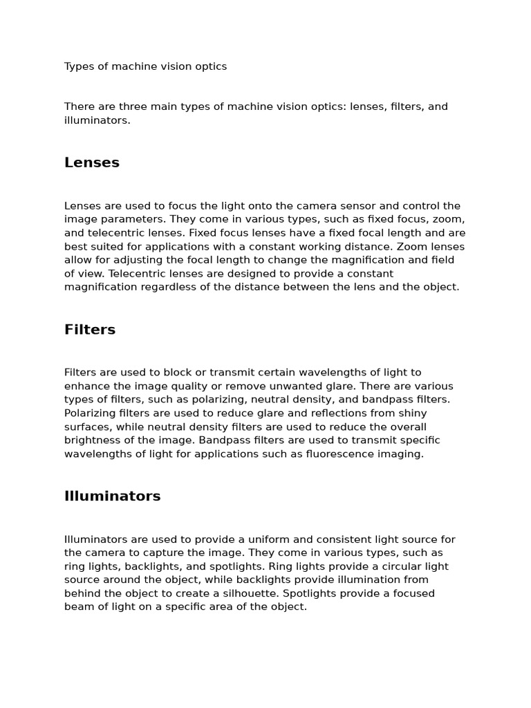Types of Machine Vision Optics | PDF
