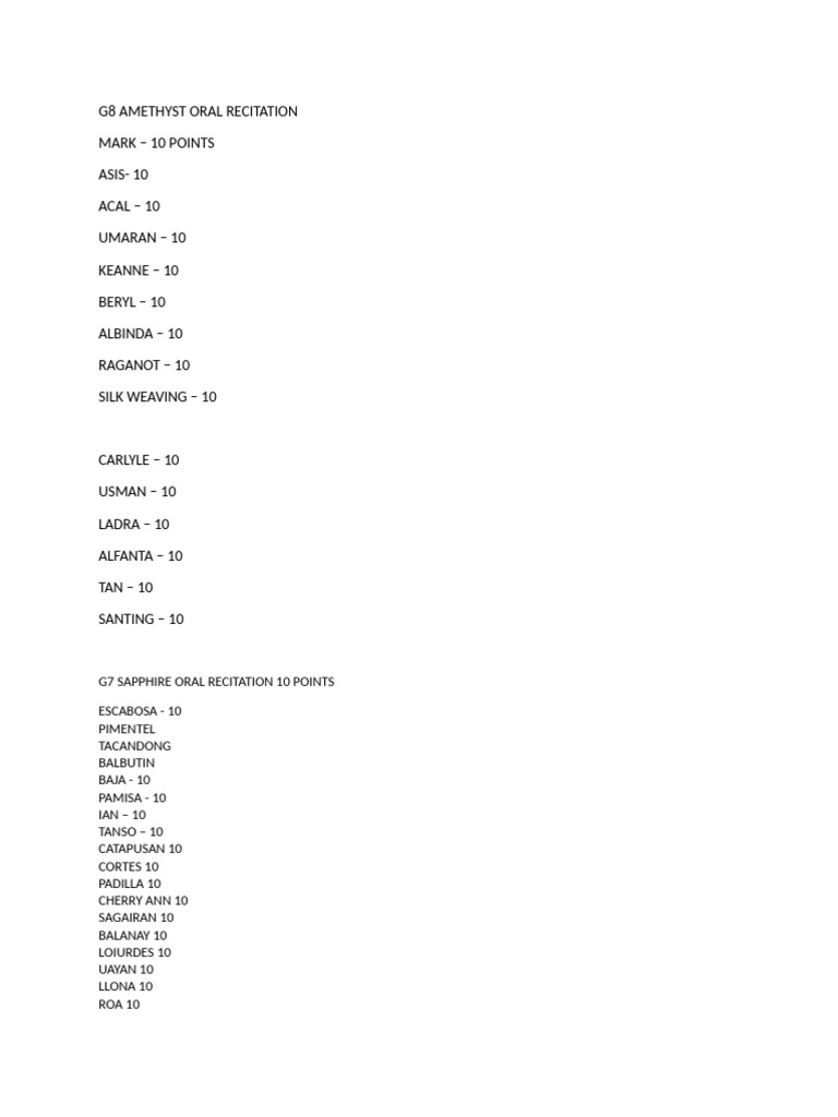 G8 and G7 Oral Recitation Scores | PDF