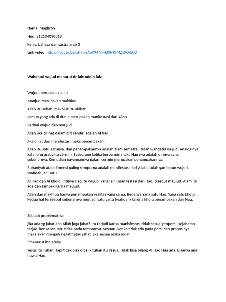 Wahdatul Wujud DR Fahruddin Faiz | PDF