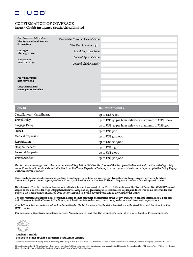 Confirmation of Covera E: Chubb Insurance South Africa Limited | PDF