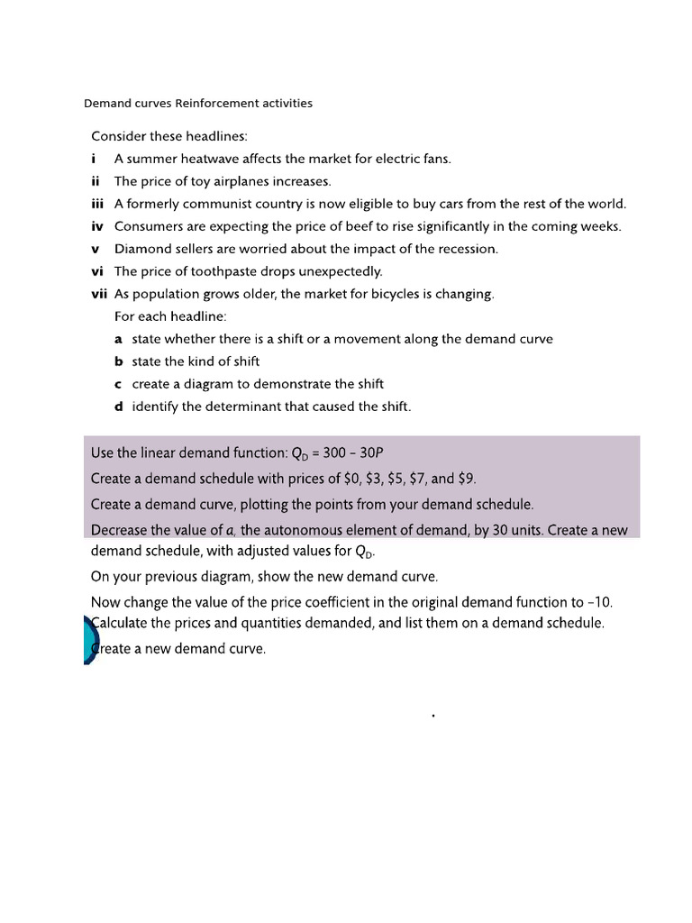 Demand Curves Reinforcement Activities | PDF