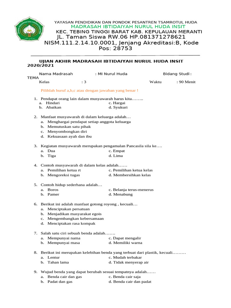 Soal Ujian Tema 3 B.bas KLS 3 | PDF