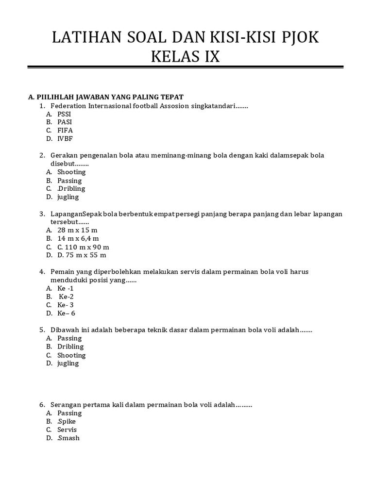 Latihan Soal Dan Kisi-Kisi PTS PJOK Kelas 9 Semester 1 | PDF
