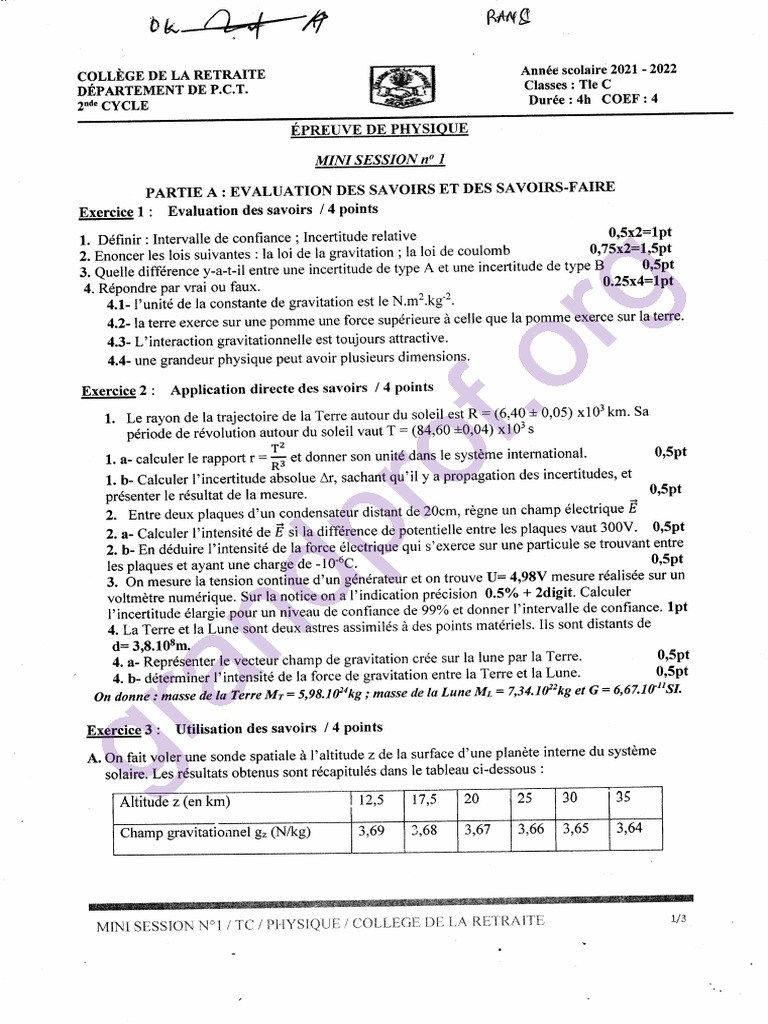 Physique TleC Mini Session1 College Retraite 2021 2022 082420 | PDF